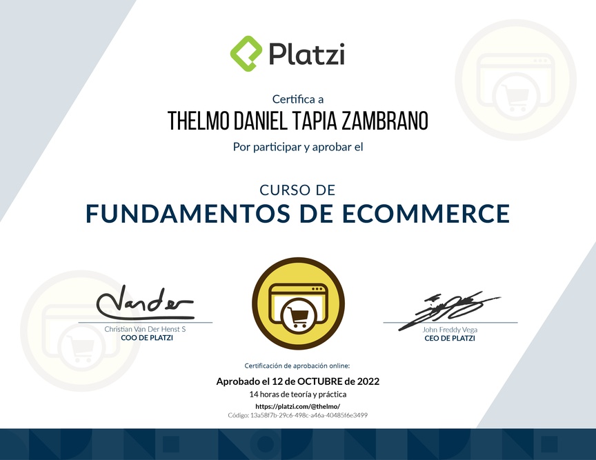 Perfil de @thelmo en Platzi | Diploma del Curso de E-Commerce